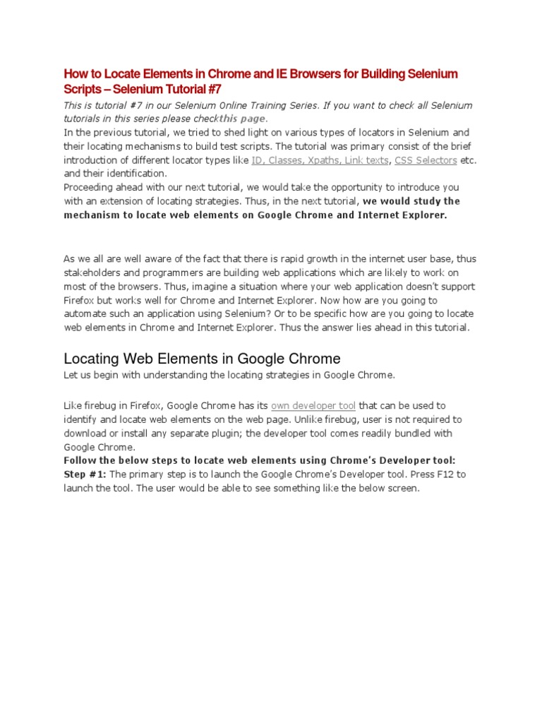 Locate Elements in Chrome & IE for Selenium | PDF | Selenium (Software) | Google Chrome