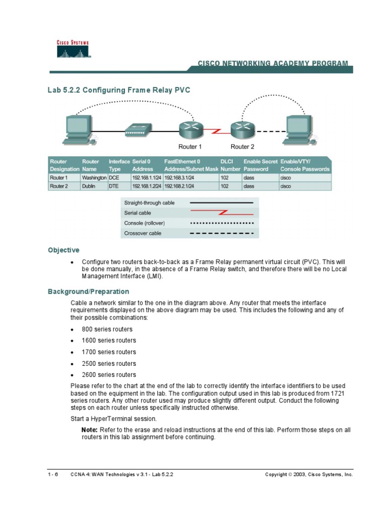 Lab 5.2.2 Configuring Frame Relay PVC: Objective | PDF | Cisco Certifications | Router (Computing)