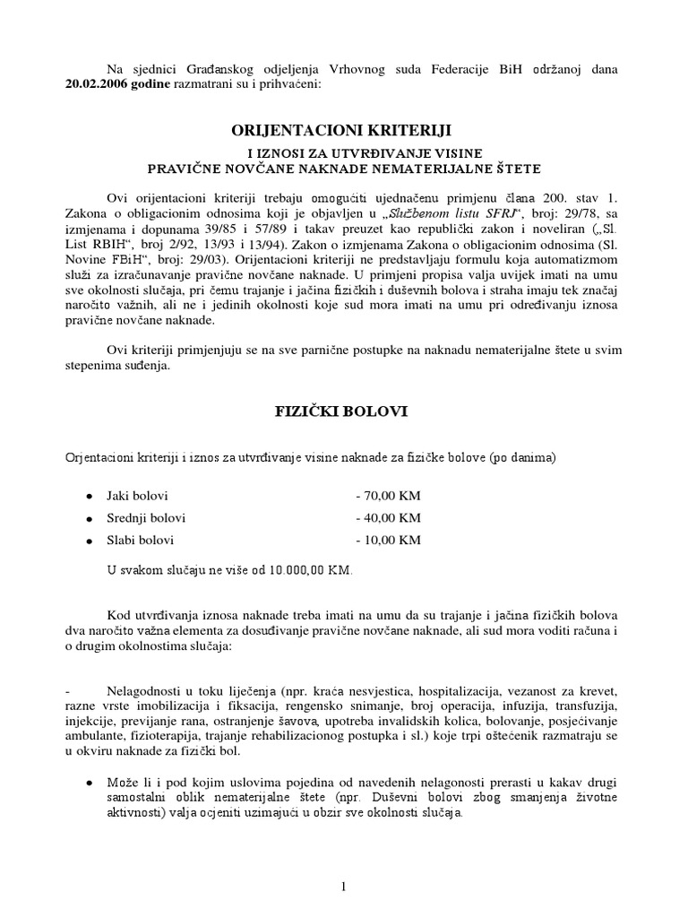 ORJENTACIONI KRITERIJI Naknada Nematerijalne Stete | PDF