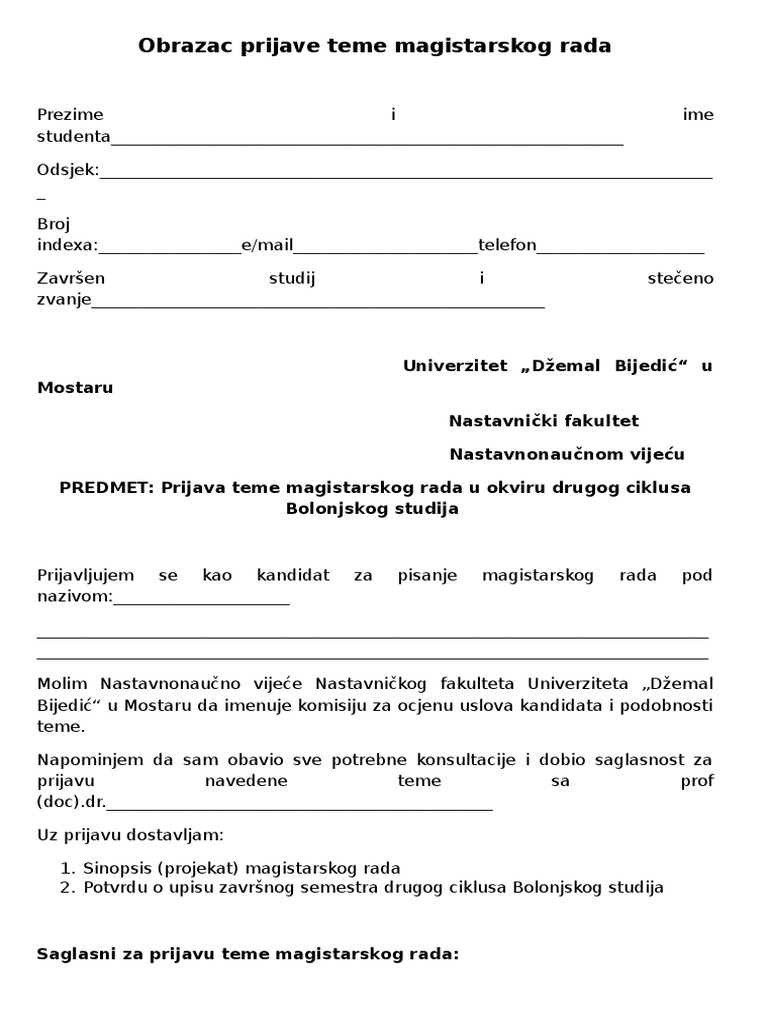 Obrazac Prijave Teme Magistarskog Rada | PDF