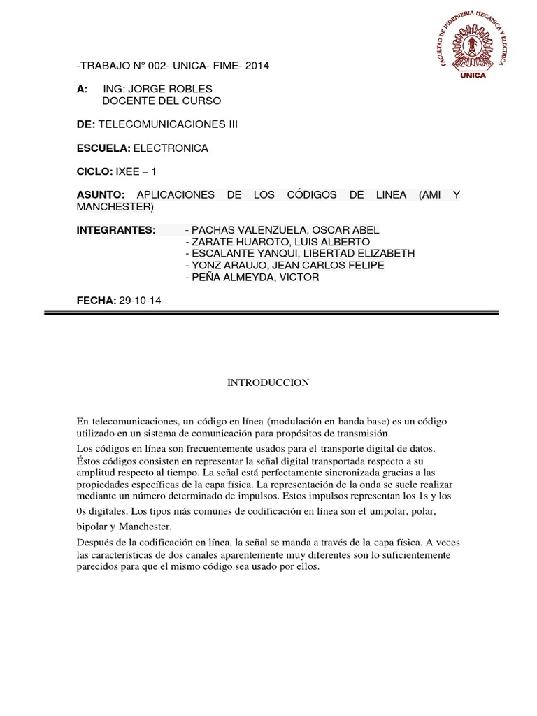 Codigos de Linea AMI y MANCHESTER | PDF | Telecomunicaciones | Electrónica