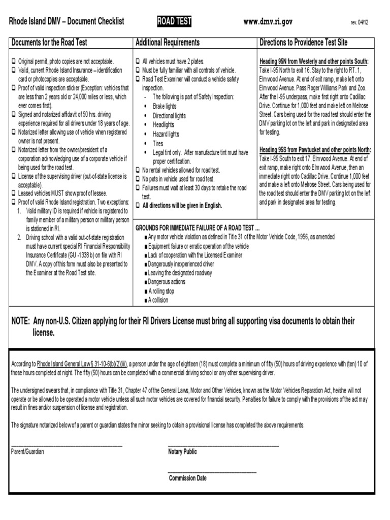 Roadtest Checklist (RI - DMV) | PDF | Department Of Motor Vehicles ...