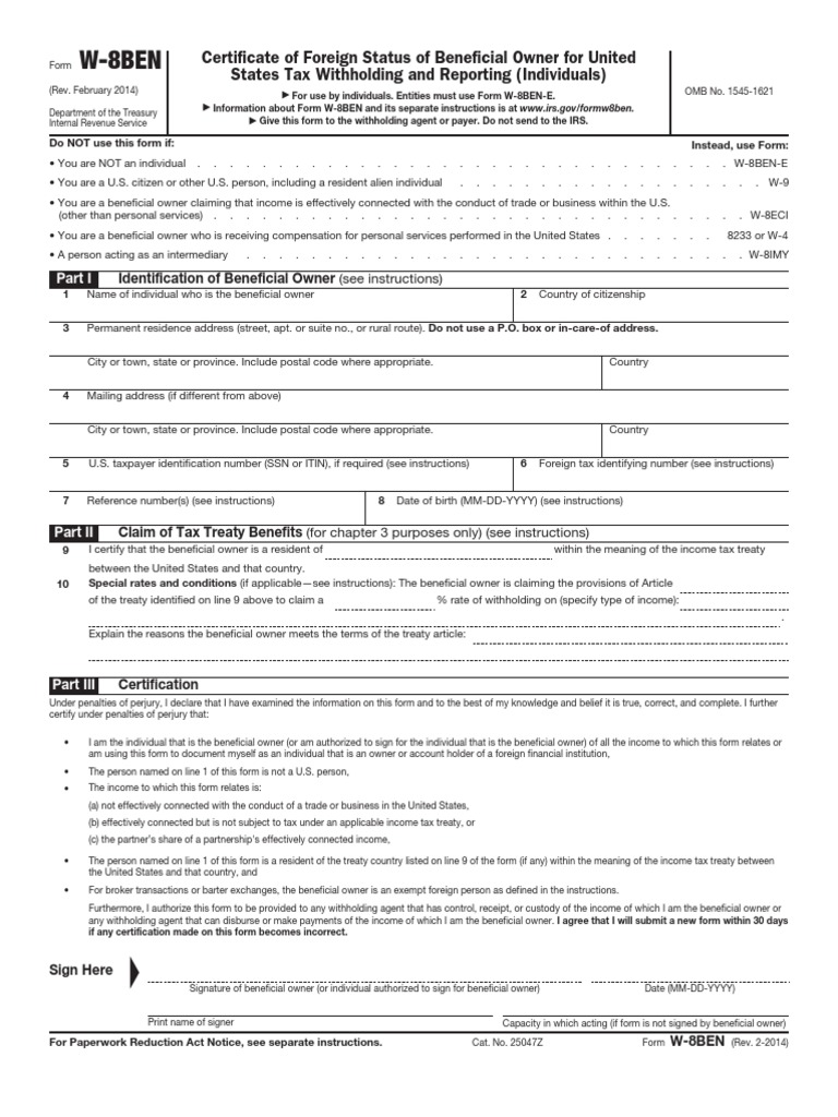W-8BEN Form and Instructions | PDF | Irs Tax Forms | Withholding Tax
