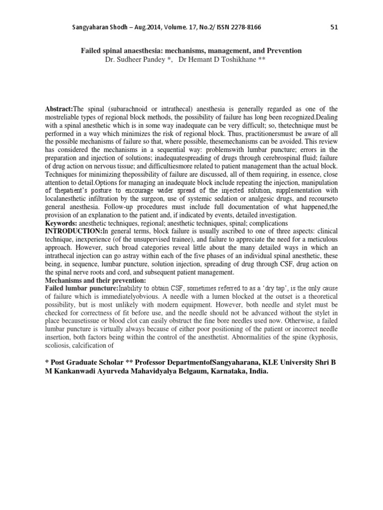 Failed Spinal Anaesthesia Mechanisms, Management and Prevention | PDF ...