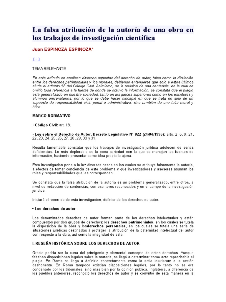 JUAN ESPINOZA - Falsa Atribución de La Autoría de Una Obra | PDF | Caso ...