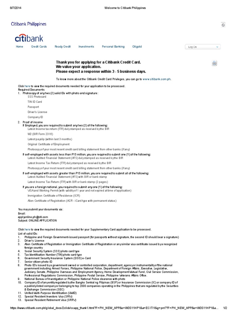 Citibank Philippines Credit Card Application Requirements | PDF ...