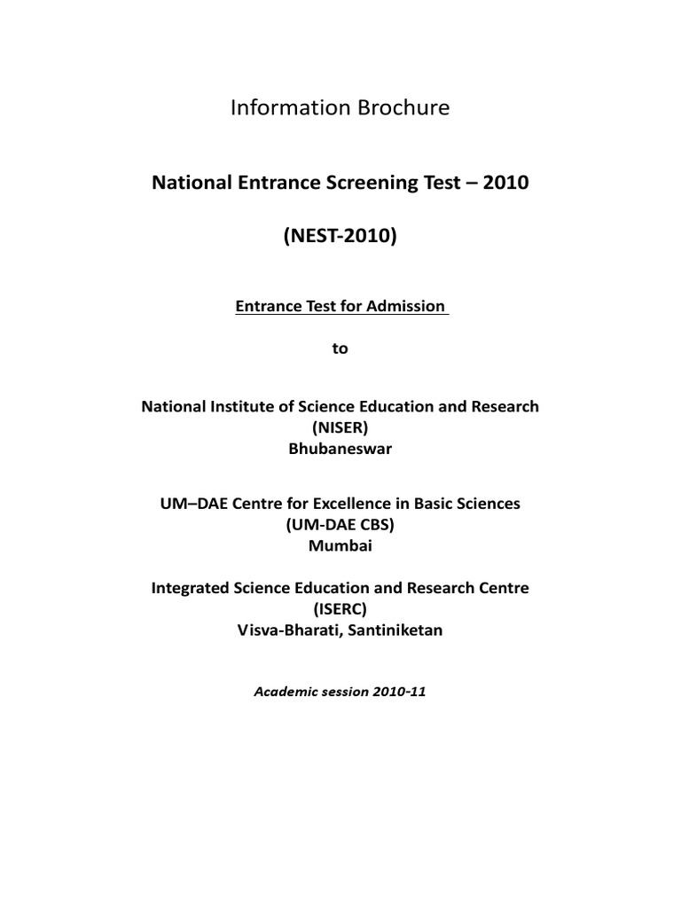 Information Brochure: National Entrance Screening Test - 2010 (NEST ...