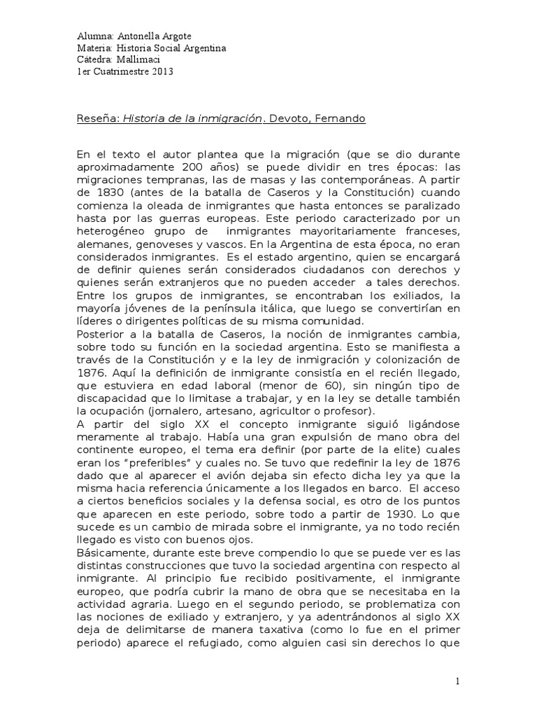 Reseña: Historia de La Inmigración. Devoto, Fernando | PDF | Inmigración | Migración humana