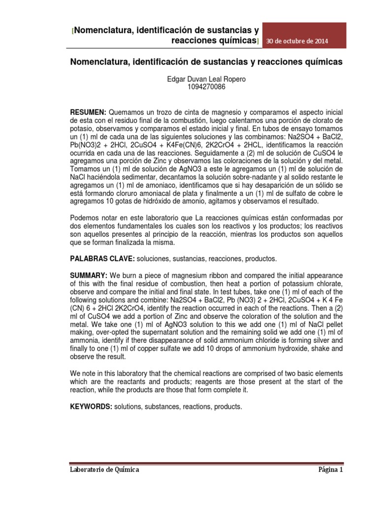 Informe Nomenclatura y Reacciones Quimicas | PDF | Elementos químicos | Ácido clorhídrico