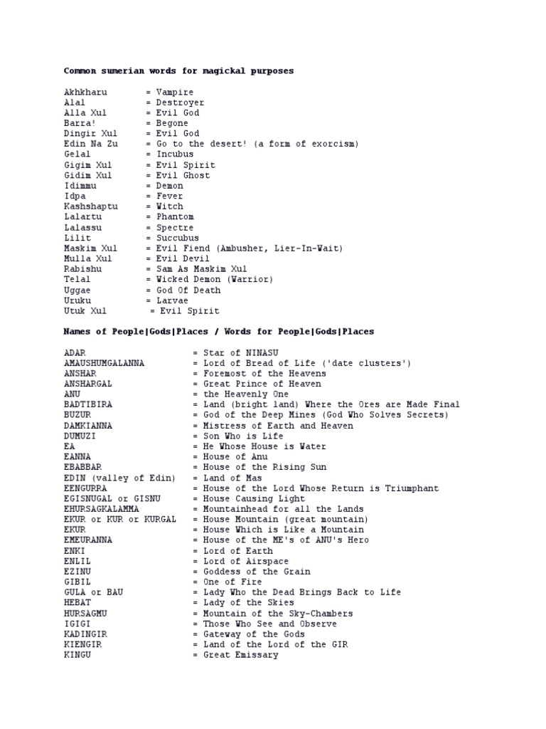 Common Sumerian Words for Magickal Purposes | Deities | Middle Eastern Mythology