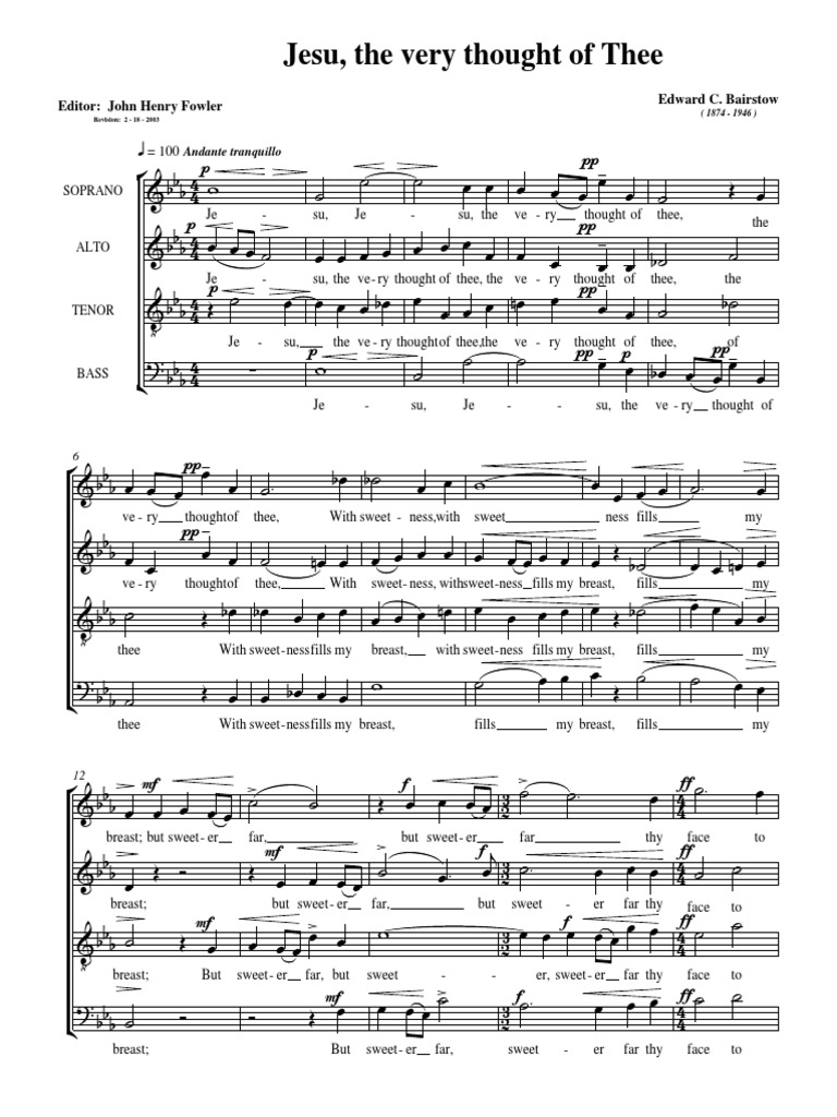Jesu The Very Thought Of Thee Edward C Bairstow Pdf Musical
