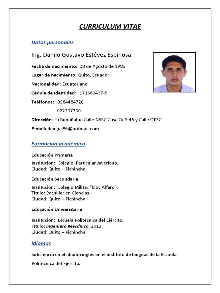 Curriculum Vitae Ingeniero Mecánico Danilo G. Estévez E. | PDF | Science | Ciencia (general)