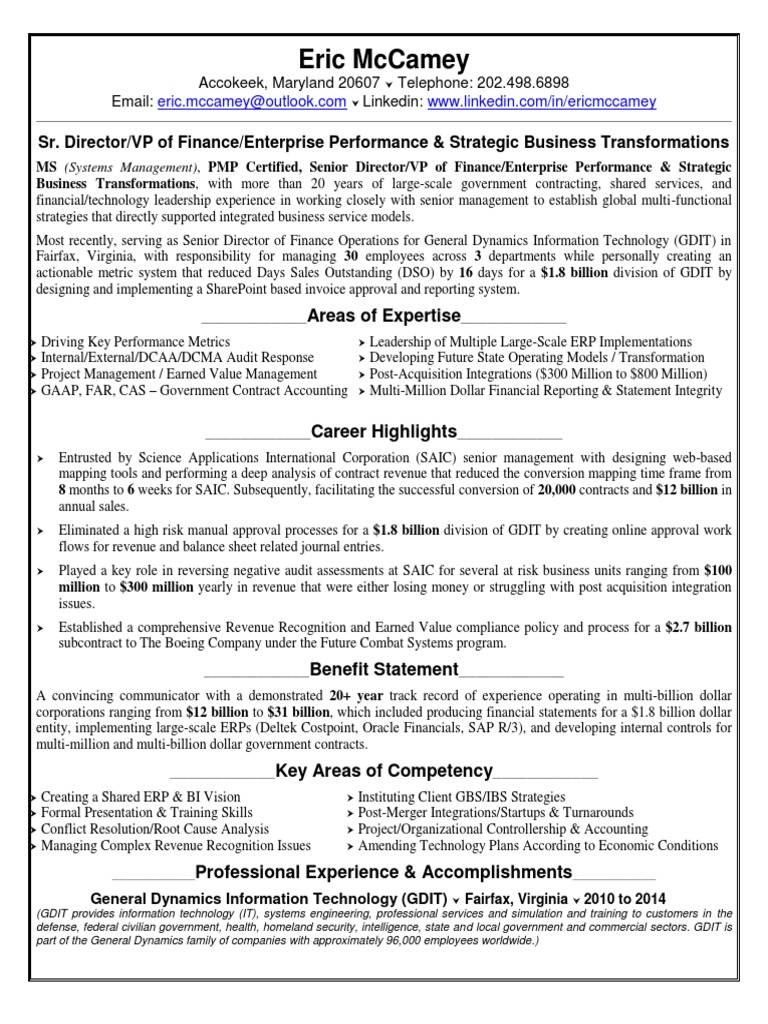 Senior Director VP Finance in Washington DC Resume Eric McCamey | PDF ...