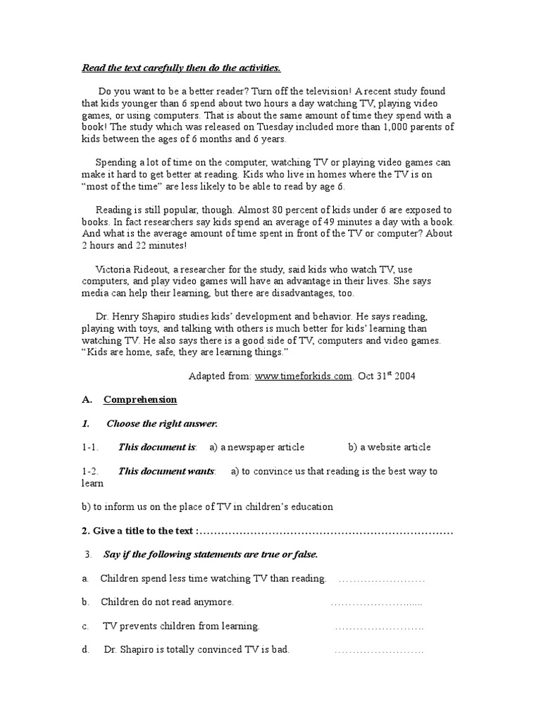 Read The Text Carefully Then Do The Activities.: A. Comprehension | PDF ...