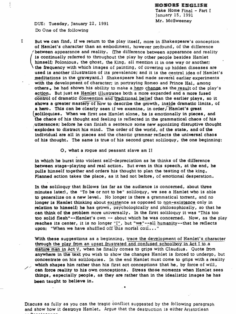 Hamlet Final Exam (High School, 1991) | PDF | Hamlet | William Shakespeare