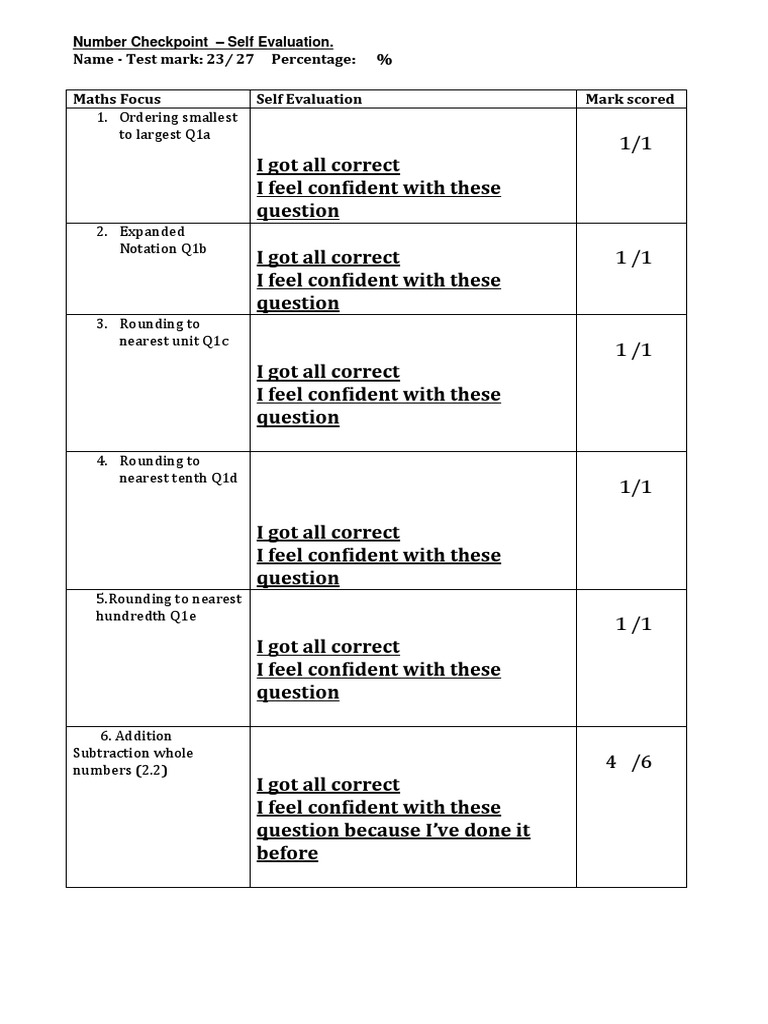 Math Self-Evaluation for Students | PDF