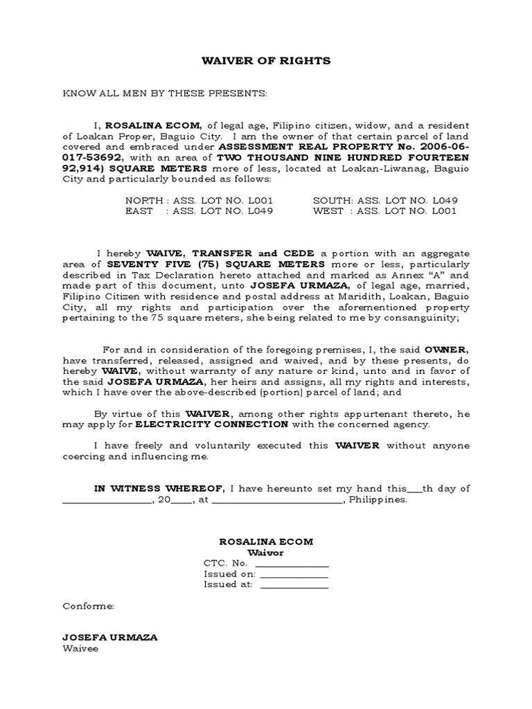 Waiver of Right4 | PDF | Waiver | Land Lot