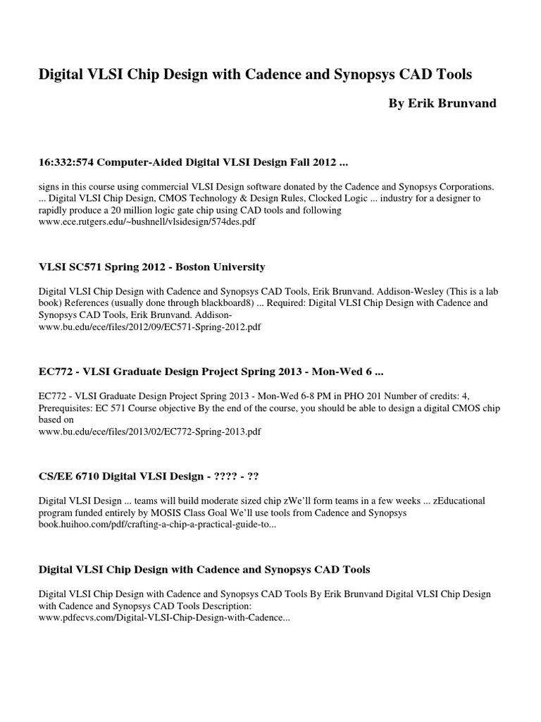 Digital Vlsi Chip Design With Cadence and Synopsys Cad Tools Erik ...