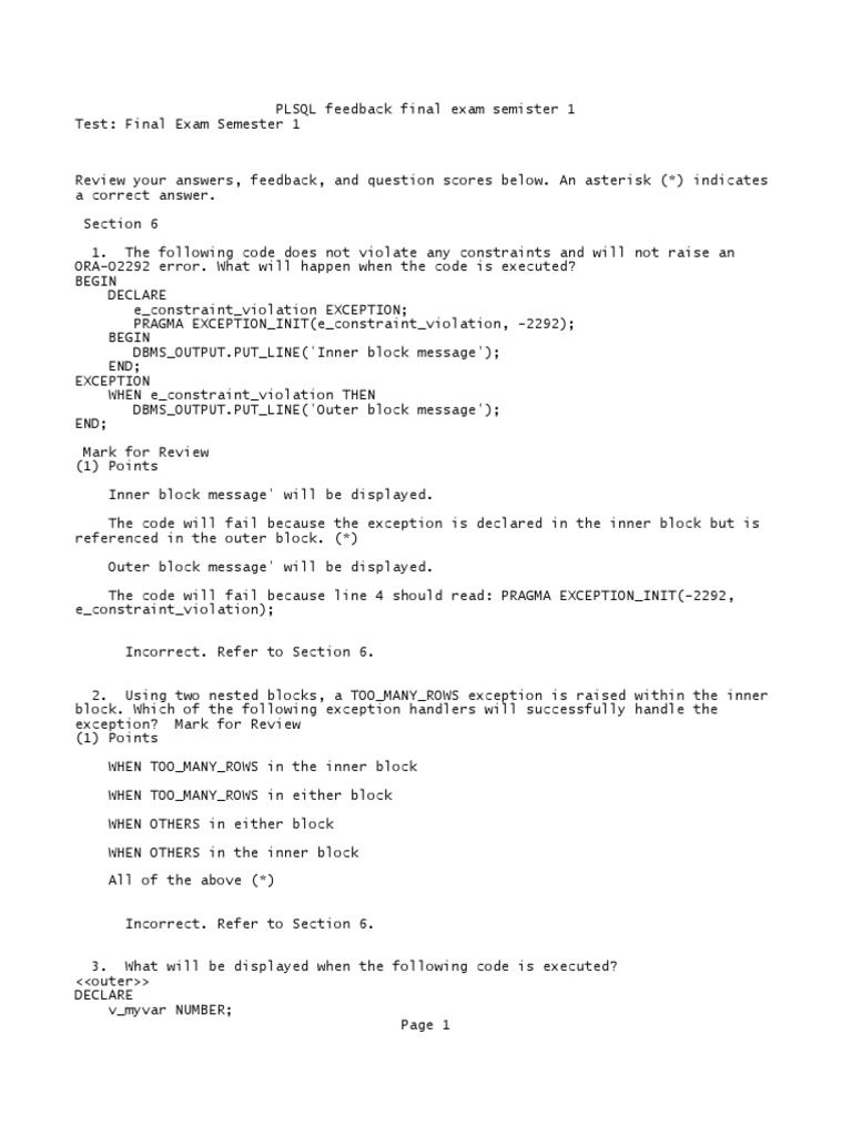 Plsql Feedback Final Exam Semister 1 Pdf Plsql Parameter Computer Programming 