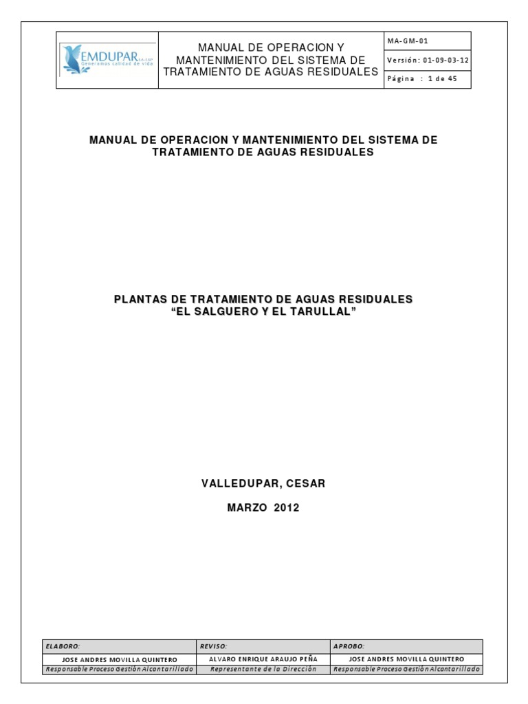 Ma-Gm-01 Manual de Operacion y Mantenimiento Ptar | PDF | Aguas residuales | Agua