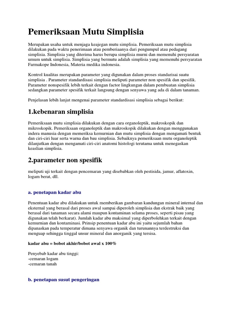 Pemeriksaan Mutu Simplisia | PDF