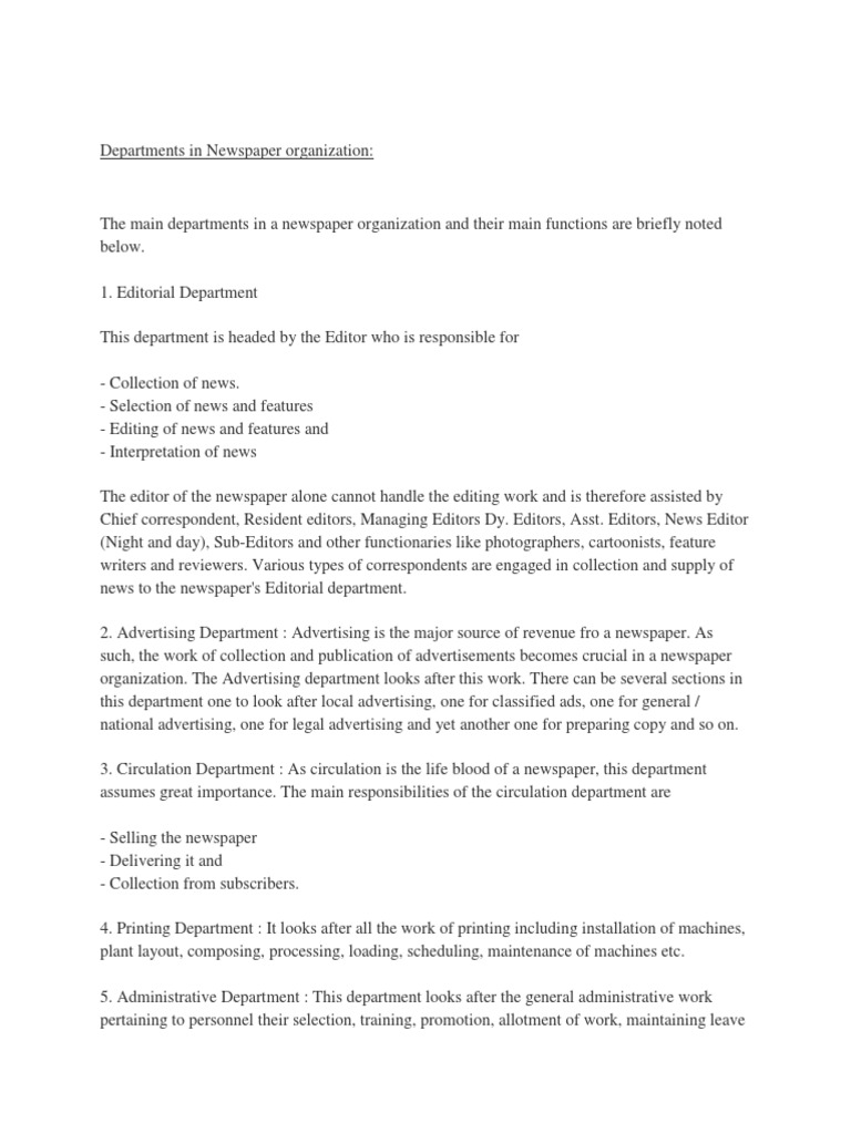 Departments in Newspaper Organization | PDF | Newspapers | Editing
