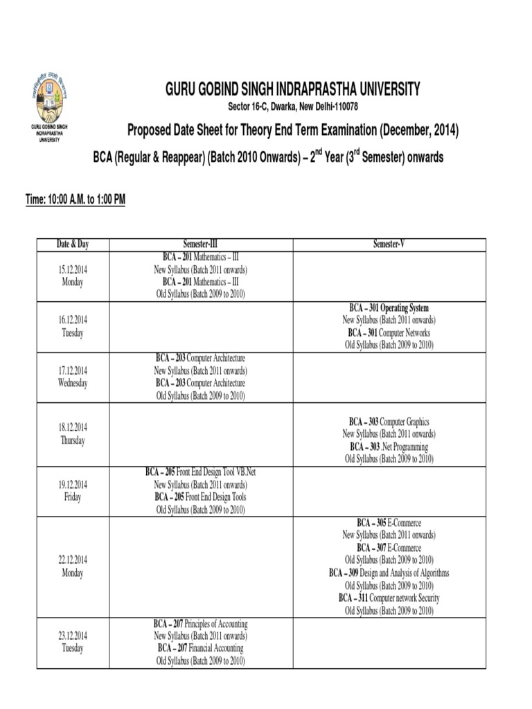 Proposed BCA Date Sheet December 2014 Without First Year PDF