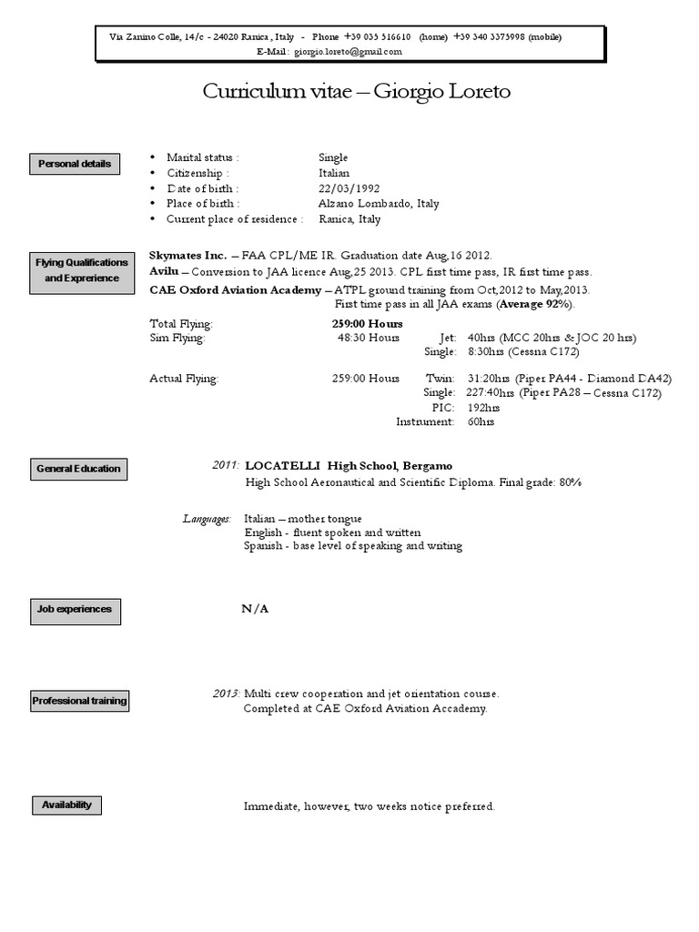 Giorgio Loreto's Aviation CV | PDF
