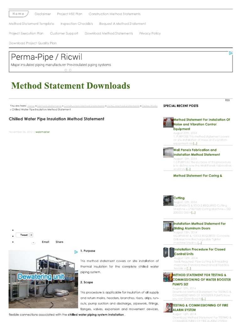 Chilled Water Pipe Insulation Method Statement | PDF