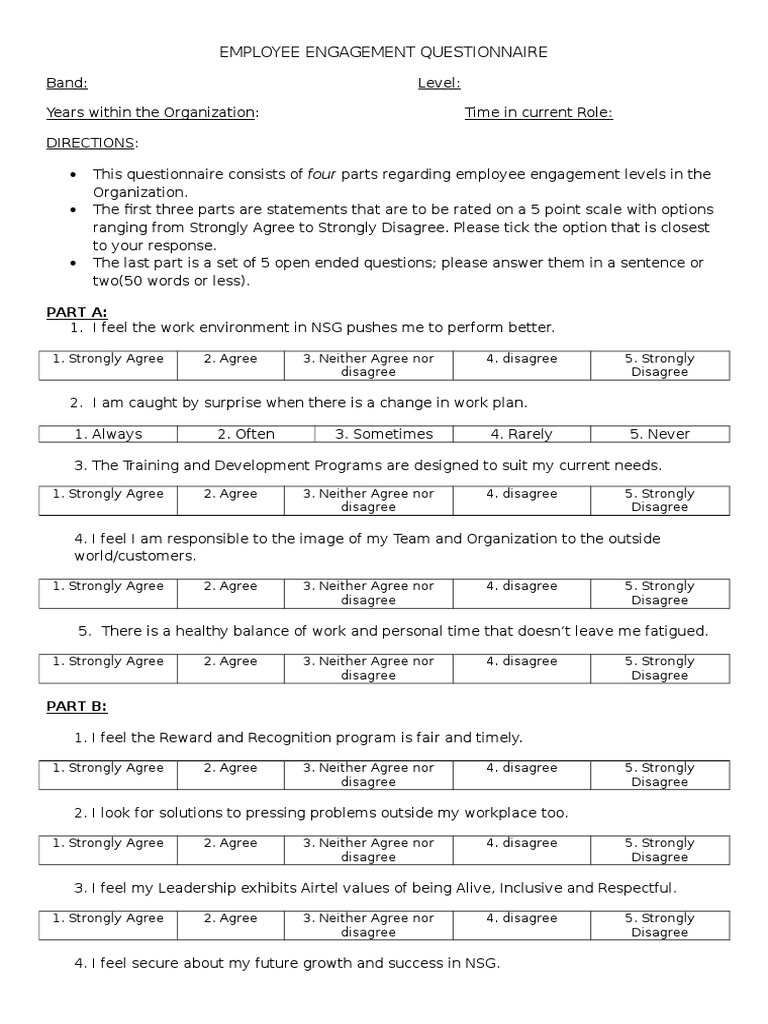 Employee Engagement Questionnaire PDF | PDF | Questionnaire ...