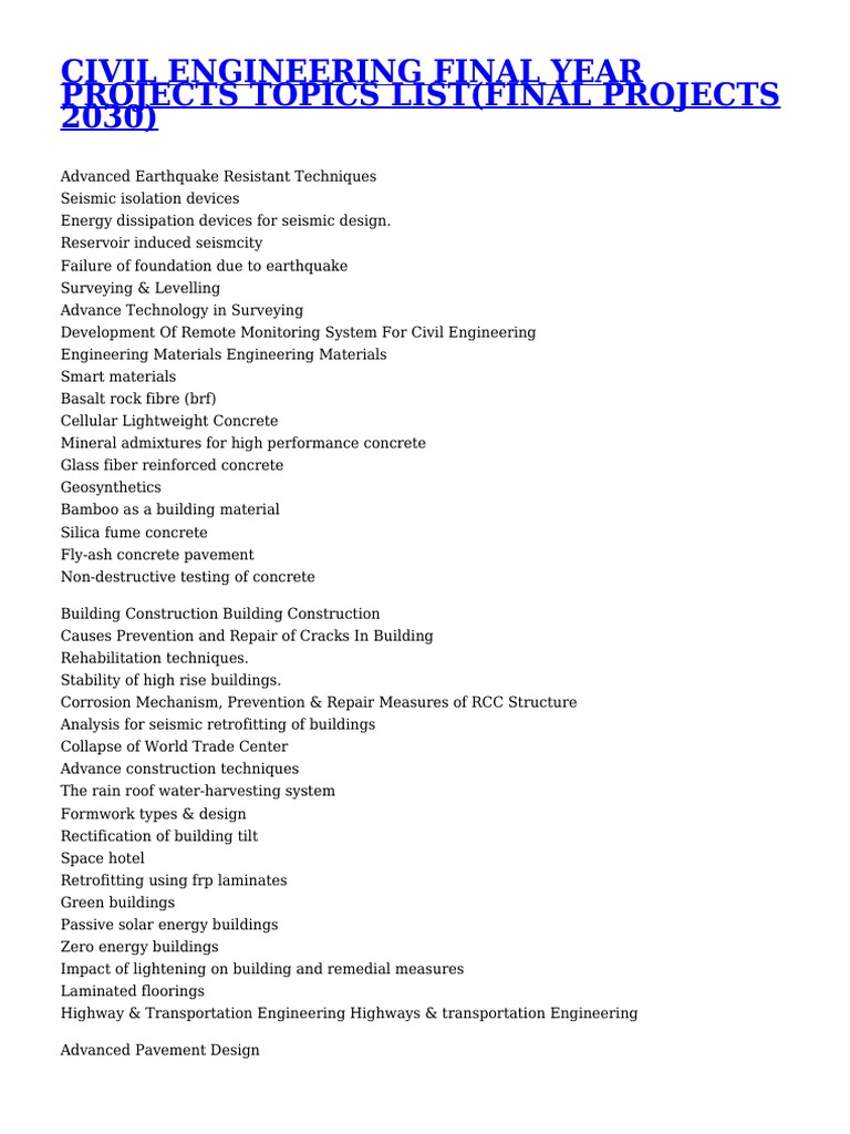 Civil Engineering Final Year Projects Topics List (Final Projects 2030) | PDF