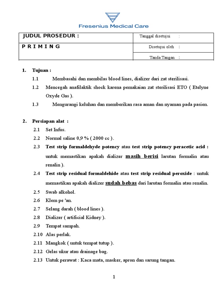 SOP Hemodialisa - Priming | PDF