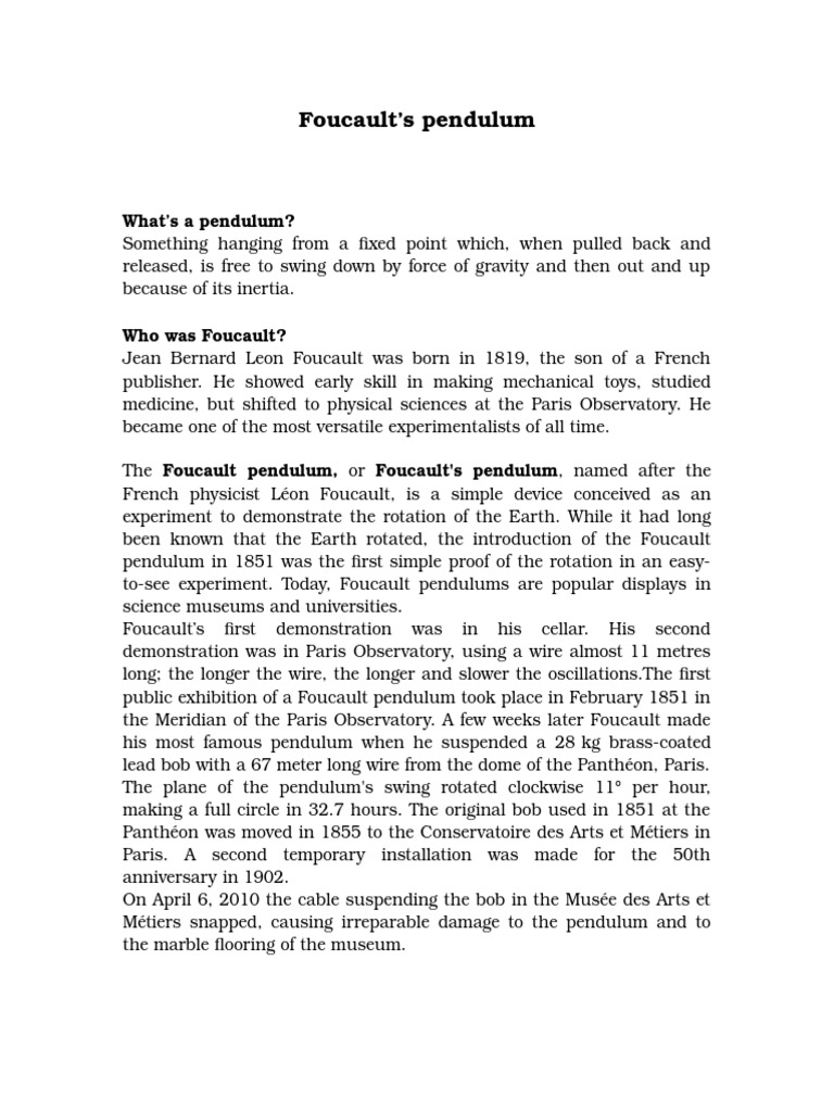 Foucault Pendulum: Earth's Rotation Proof | PDF | Pendulum | Mechanics