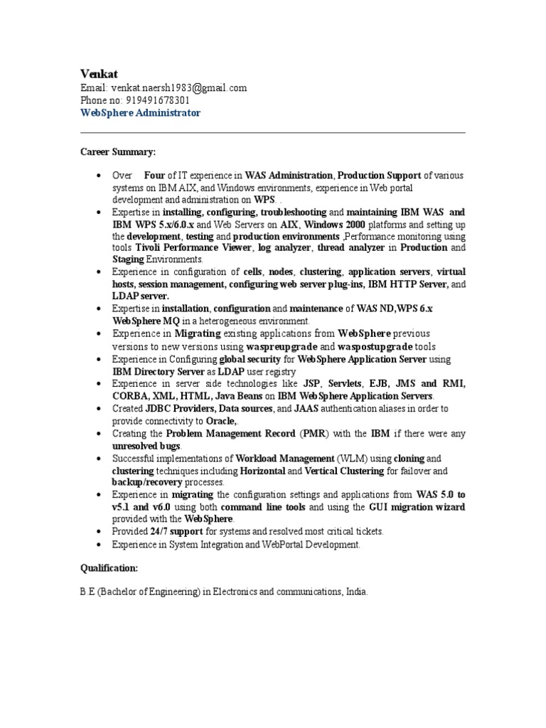 Venkat: Websphere Administrator | PDF | Server (Computing) | Computer Networking