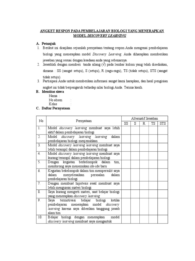 Angket Respon Siswa Discovery Learning | PDF