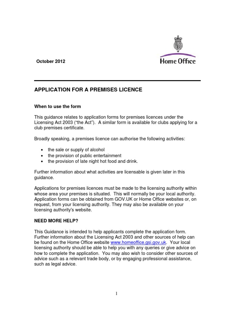 Application For A Premises Licence: October 2012 | PDF | Government ...