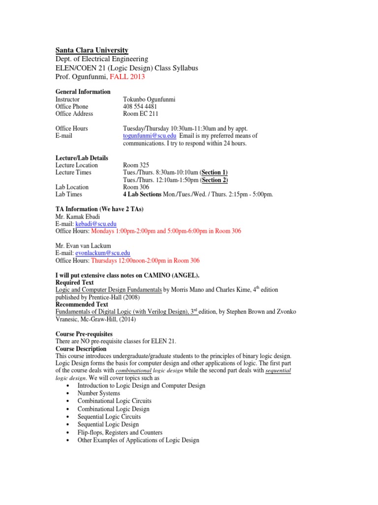 ELEN 21 Long Syllabus Fall 2013 | PDF | Logic Synthesis | Field Programmable Gate Array