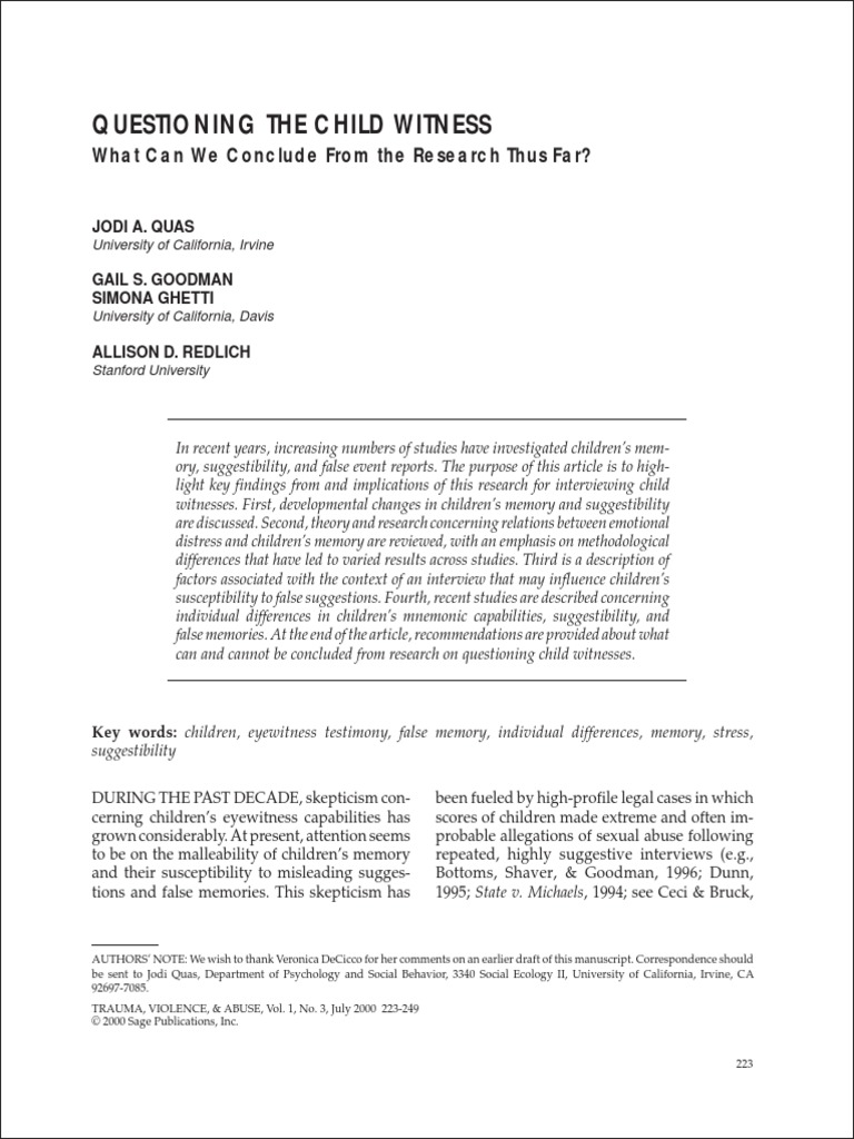 Questioning The Child Witness | PDF | Memory | Psychological Trauma