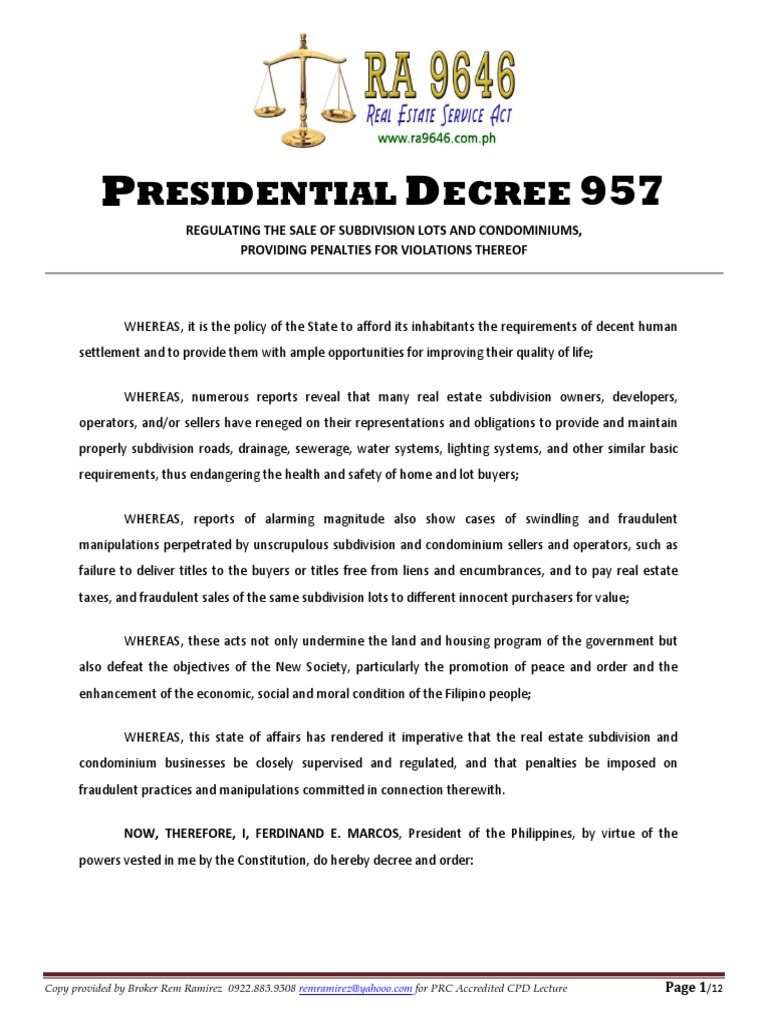 PD 957 - Subdivision and Condominium Buyers' Protective Decree | PDF ...