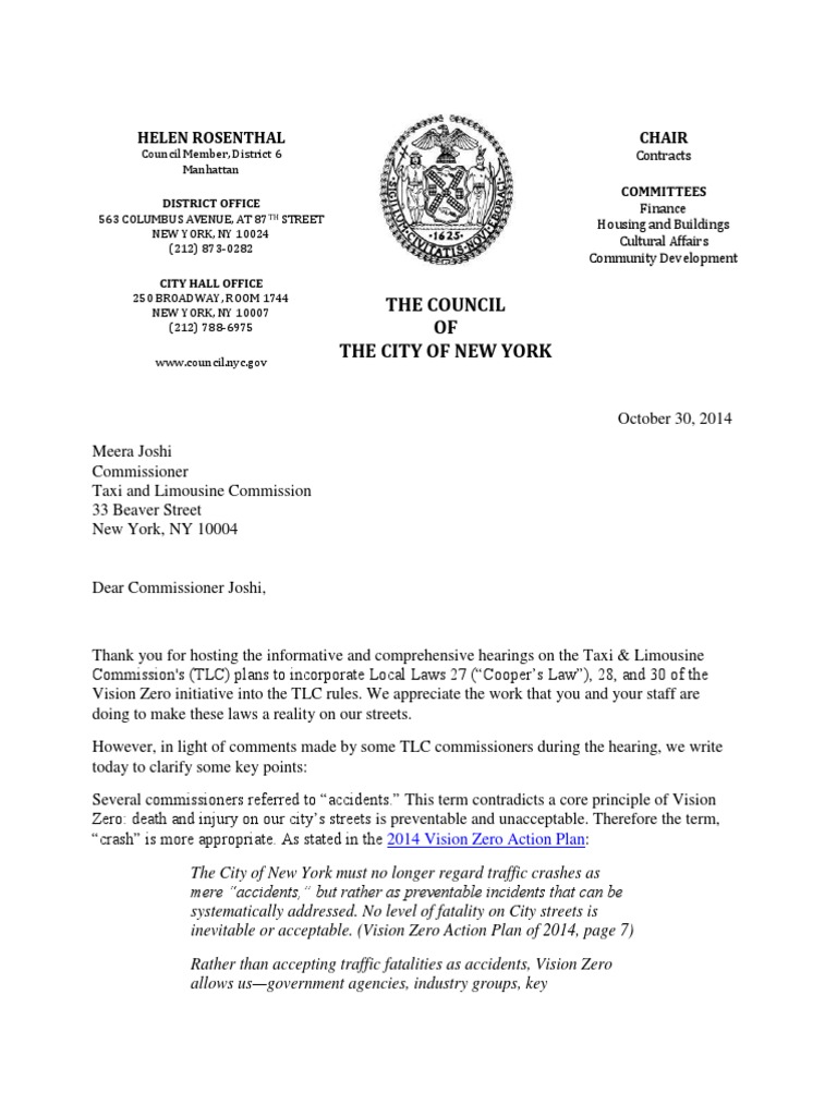 Letter to TLC Commissioner Joshi - Follow up to Rules Hearing (October ...