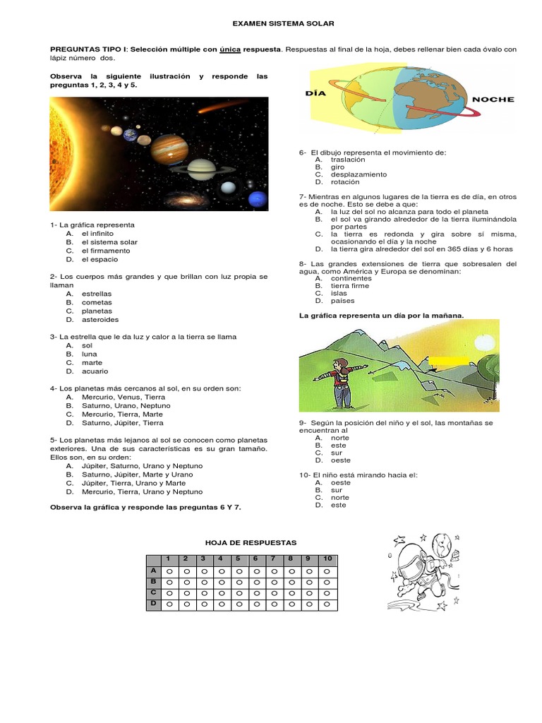 Examen del Sistema Solar para Primaria | PDF