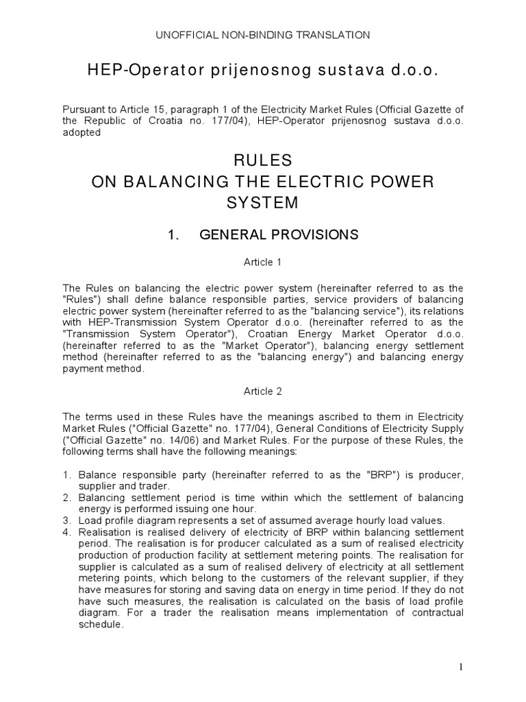 Rules On Balancing | PDF | Electric Power Transmission | Kilowatt Hour