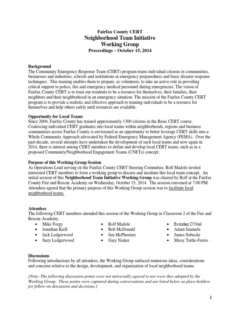 Neighborhood Team Initiative Working Group - Proceedings, Oct. 15, 2014 ...