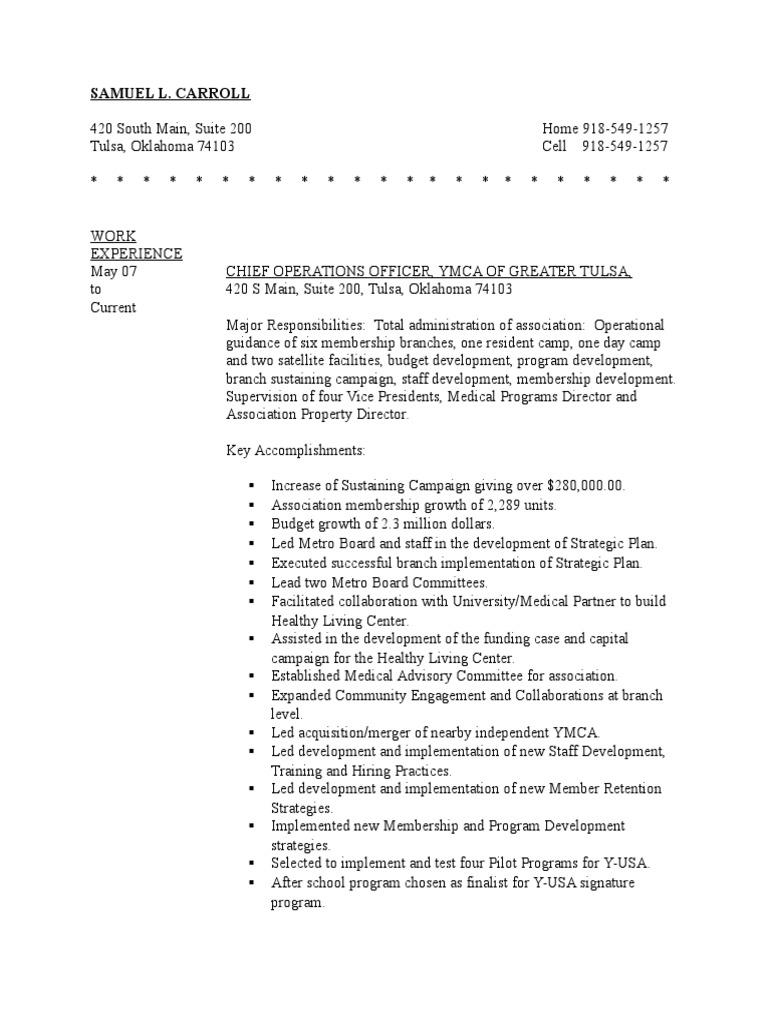 Samuel Carroll Resume | Ymca | National Collegiate Athletic Association