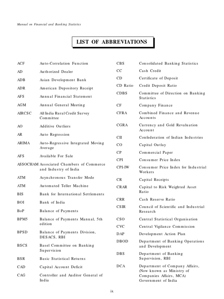Banking and Finance Abbreviations Guide | PDF | Reserve Bank Of India ...
