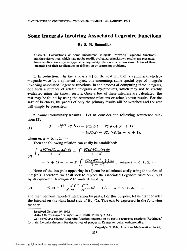 Some Integrals Involving Associated Legendre Functions | PDF | Integral | Algebra