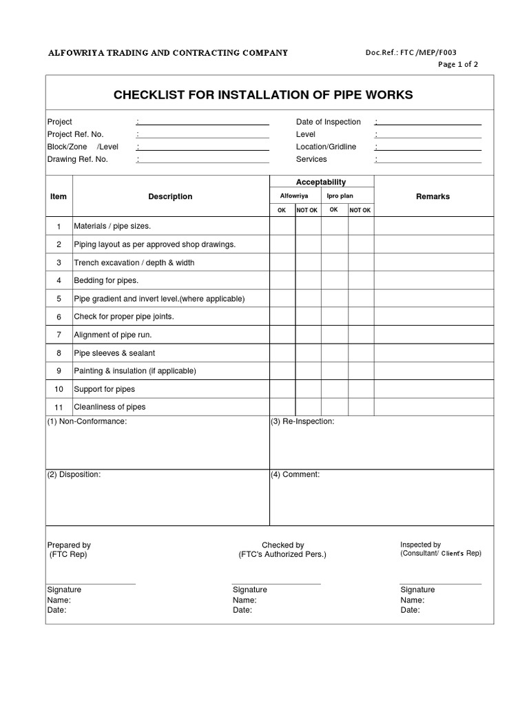 Checklist For Installation of Pipe Works: Alfowriya Trading and ...