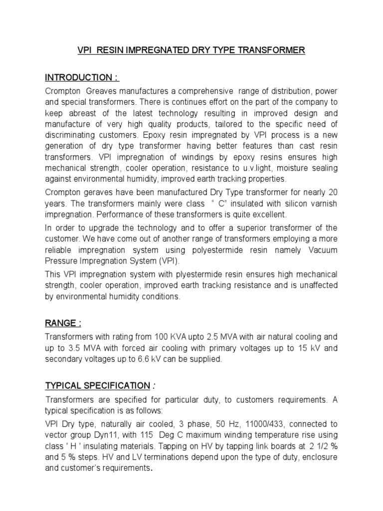 Vpi Resin Impregnated Dry Type Transformer | PDF