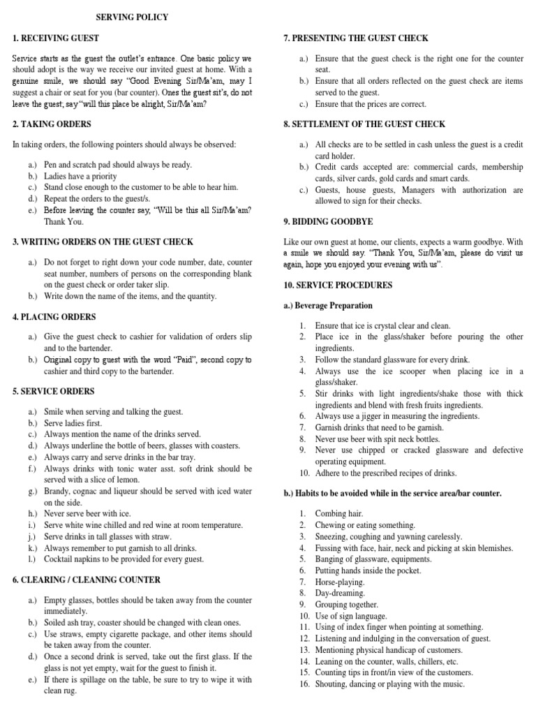 Catering Service Sequence Guidelines | PDF | Drink | Bar
