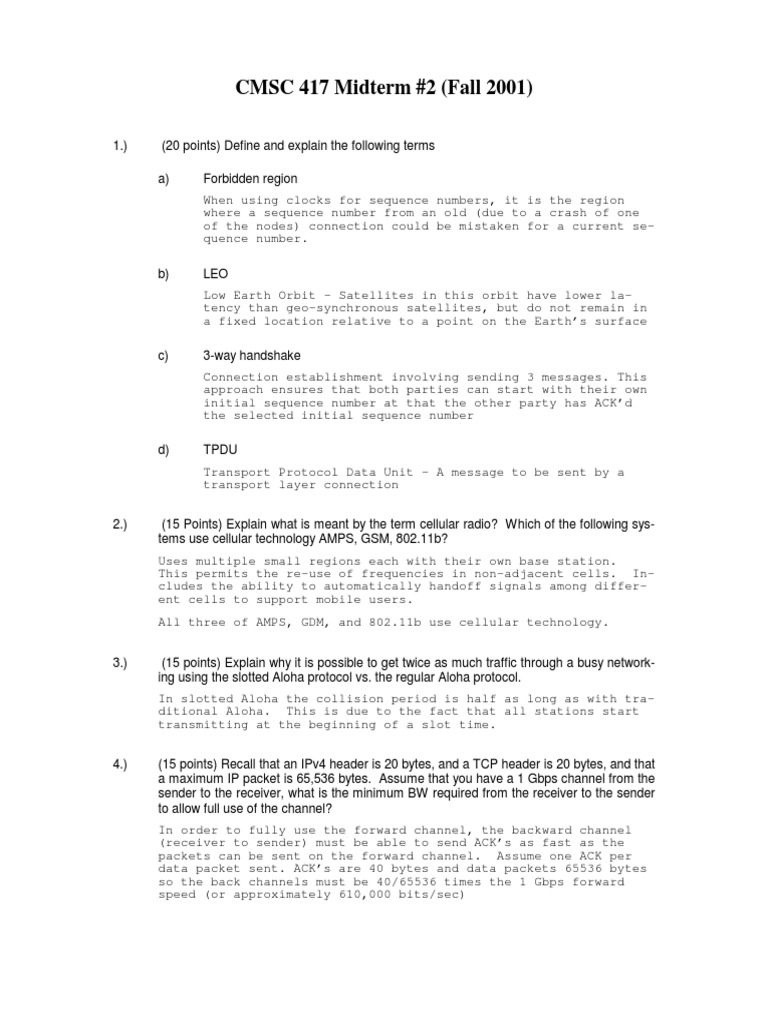CMSC 417 Midterm #2 (Fall 2001) | PDF | Transmission Control Protocol ...